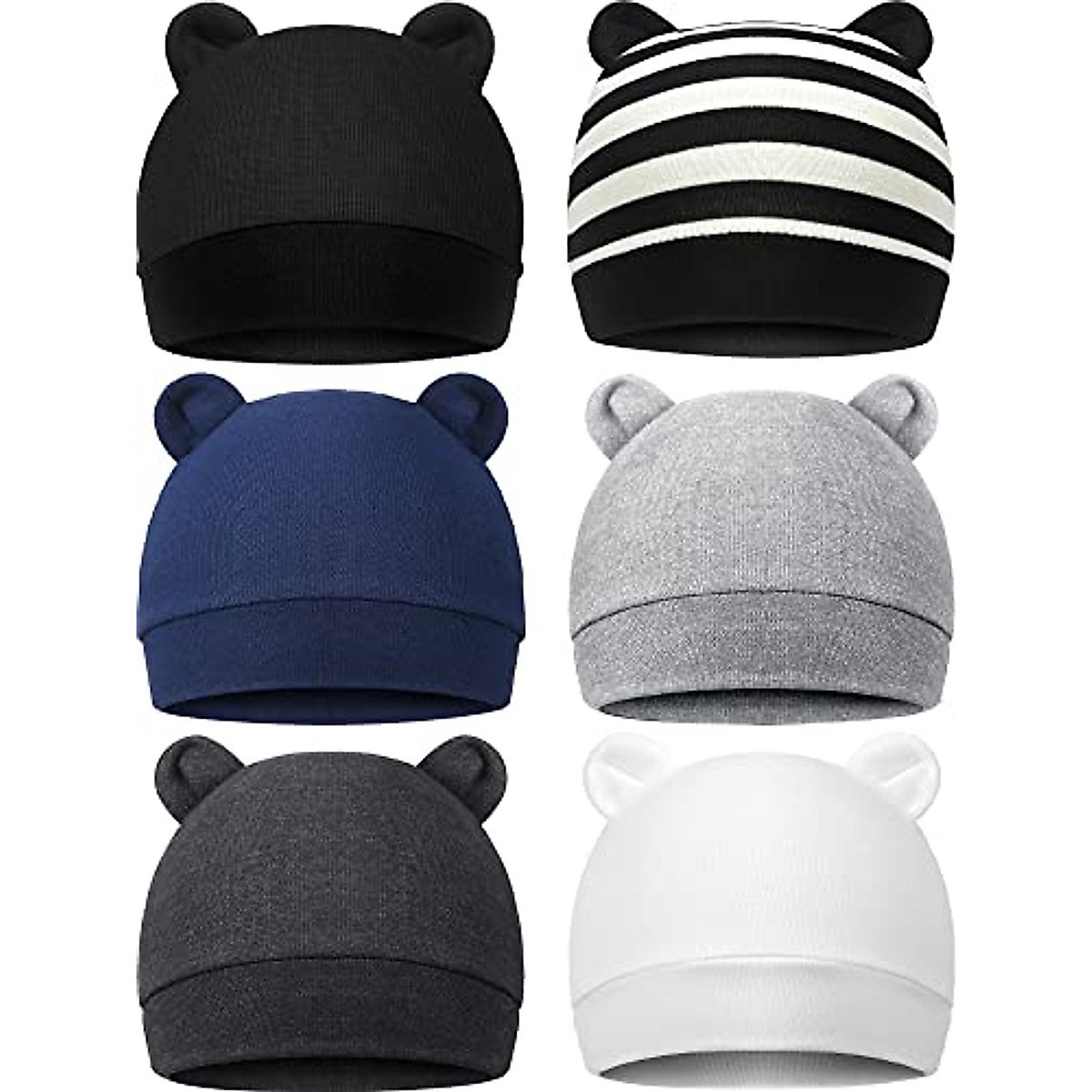 6 Pieces Newborn Baby Hat Bear Ears Infant Caps Baby Boy Girl Toddler Hats Infant Beanie Caps for 0-3 Months (Black White, Black, Navy Blue, Black Gray, Gray, White)