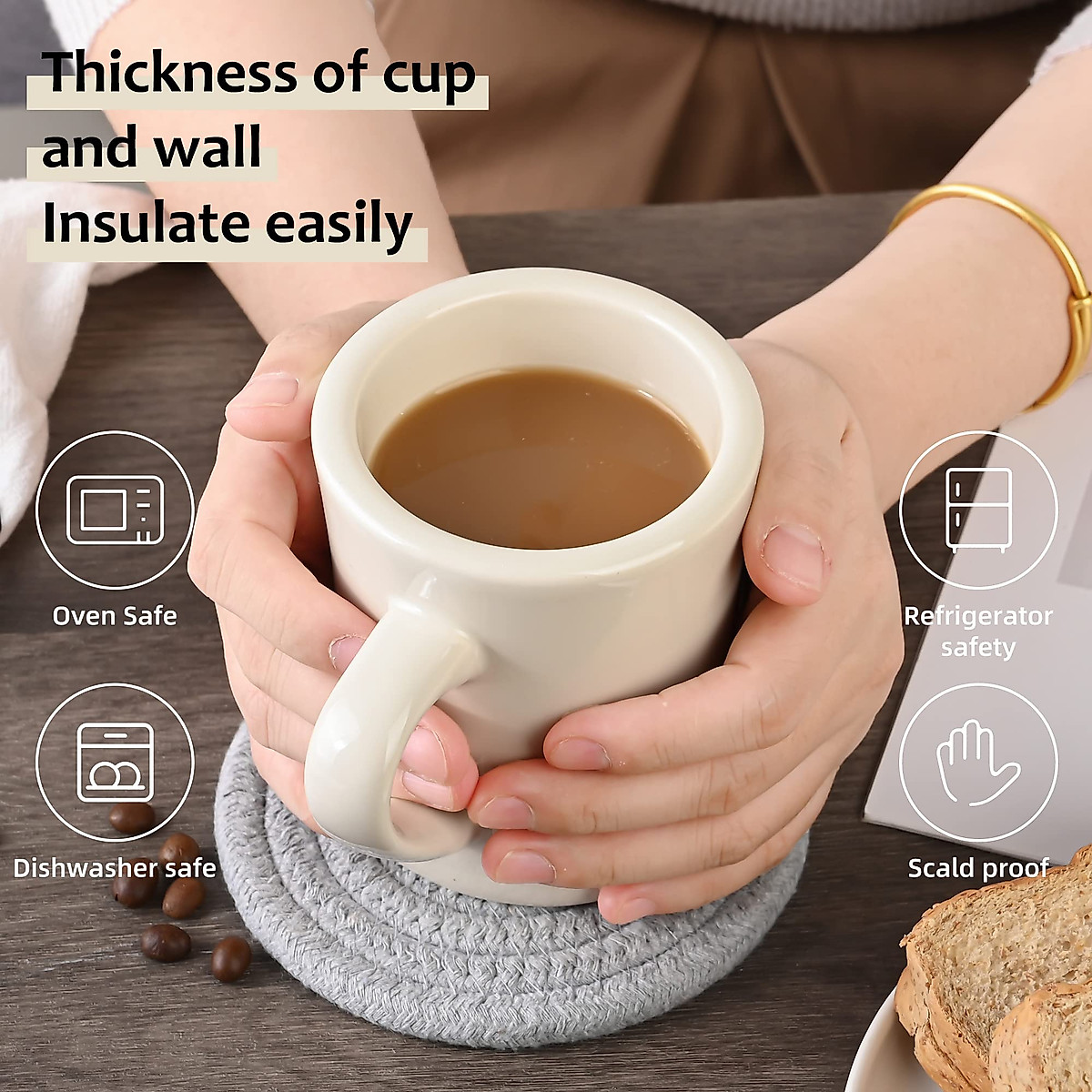 BYCNZB 11oz Ceramic Diner Coffee Mug set Stoneware Coffee Cups Set for Restaurant, Diner, Farmhouse, Coffee Shop, Home set of 4 with Coffee spoons and Woven Coasters (Cream)