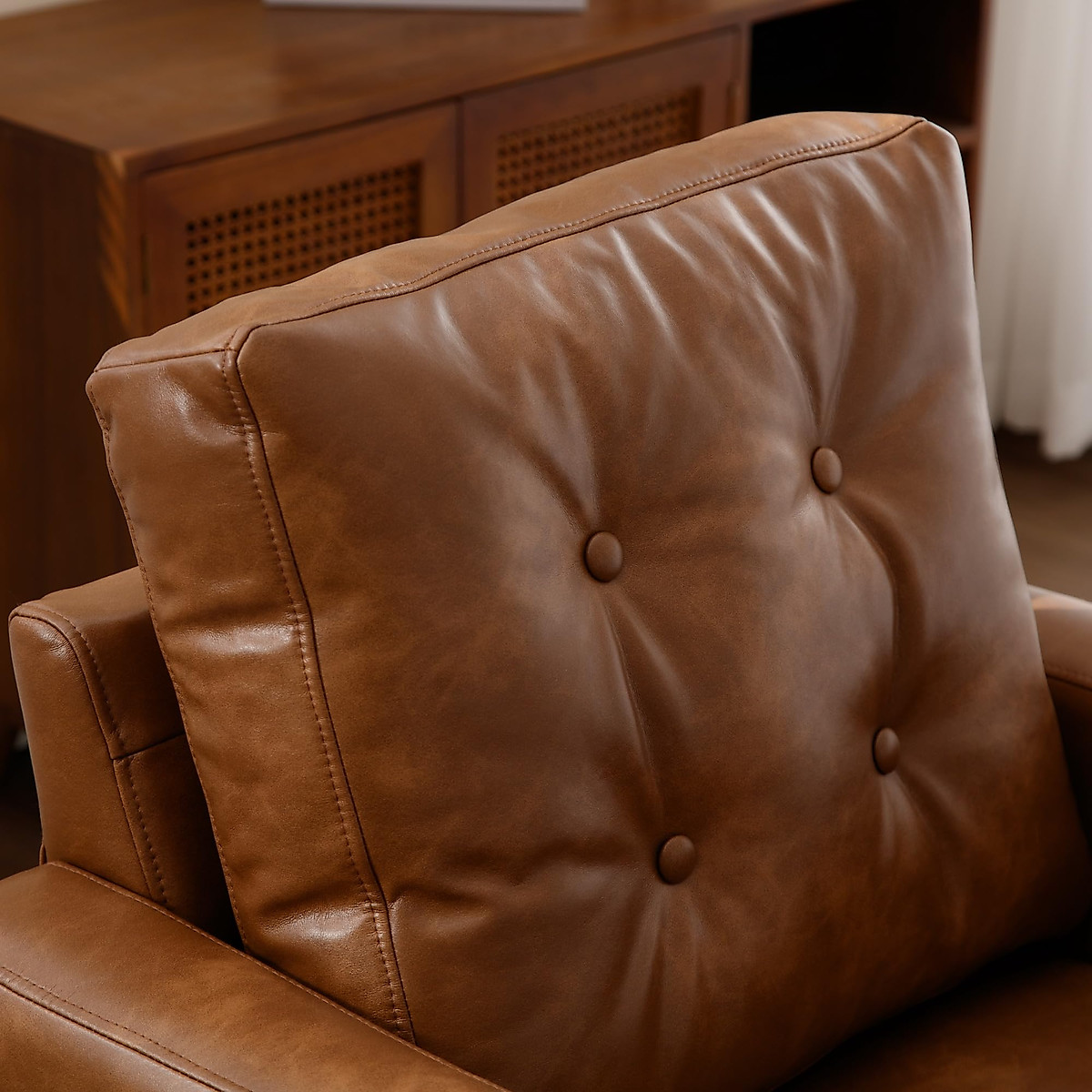 BESTANO Set of 2 Brown Faux Leather Armchair Accent Chairs, Mid Century Modern Button Tufted Accent Chair with Wood Legs, Cozy Armchair Club Chair Single Sofa for for Bedroom Living Room, Caramel