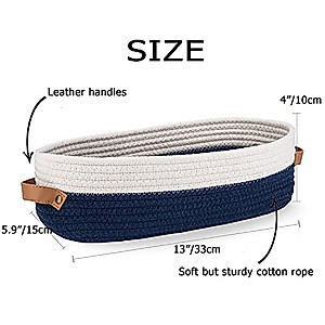 Oradrem Toilet Basket,Woven Storage Basket for Toilet Tank Top Farmhouse Home Decor Organizing Baskets 13"x5.9"x4" Navy Stitching White