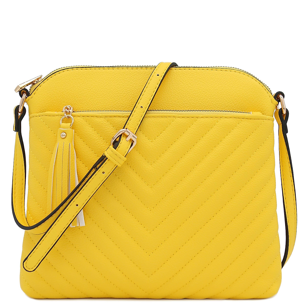 FashionPuzzle Chevron Quilted Medium Crossbody Bag with Tassel Accent (Yellow)