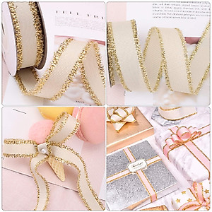 Christmas White Glitter Grosgrain Ribbon with Gold Trim,DIY Grosgrain Fringe Ribbon for Gift Crafts Wedding Party Birthday Wrap Hair Bows Floral Projects Wrapping Decorations 1.6cmx5m (1 Roll)