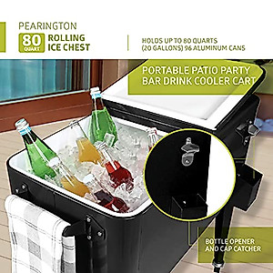 Pearington 80 Quart Rolling Ice Chest, Portable Patio Party Bar Drink Cooler Cart, Beverage Pool with Bottle Opener, Onyx