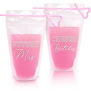 Effortless Events Bachelorette Drink Pouches,16 Count, 15 Oz Drink Pouches with Straws, Rose Gold, Future Mrs & Cheers, Pouches for Drinks with Straws Bachelorette Party Cups
