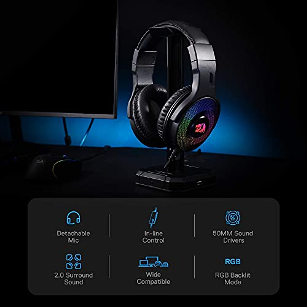 Redragon H350 RGB Wired Gaming Headset, Dynamic RGB Backlight - Stereo Surround-Sound - 50MM Drivers - Detachable Microphone, Over-Ear Headphones Works for PC/PS4/XBOX One/NS