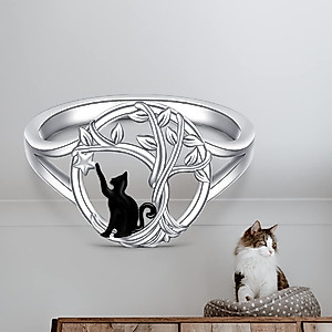Black Cat Rings for Women Cat Ring Tree of Life Ring Cats Remembrance Black Cats Sterling Silver Family Animal Lovers Jewelry Size 8