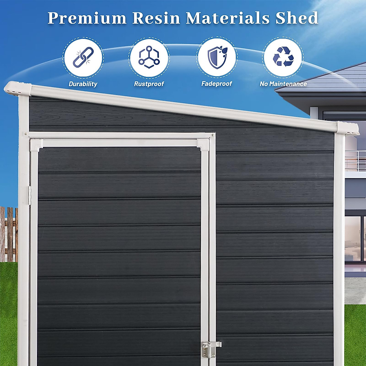 Jaxenor 4x8 FT Lean to Shed, Resin Storage Sheds Outdoor with Floor Included, Plastic Sheds & Outdoor Storage Clearance with 2 Windows and Lockable Door, Backyard Storage Sheds for Garden Tools, Bike