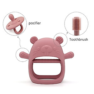 MOMMYS BABY Groundhog Teether Set, Baby Teething Toy, Anti Drop Silicone Mitten Teether, Infant Chew Toy, Teething Pain Relief Toy, Pacifier 2 in 1 |Beige, Dark Pink | Baby Teether Toy