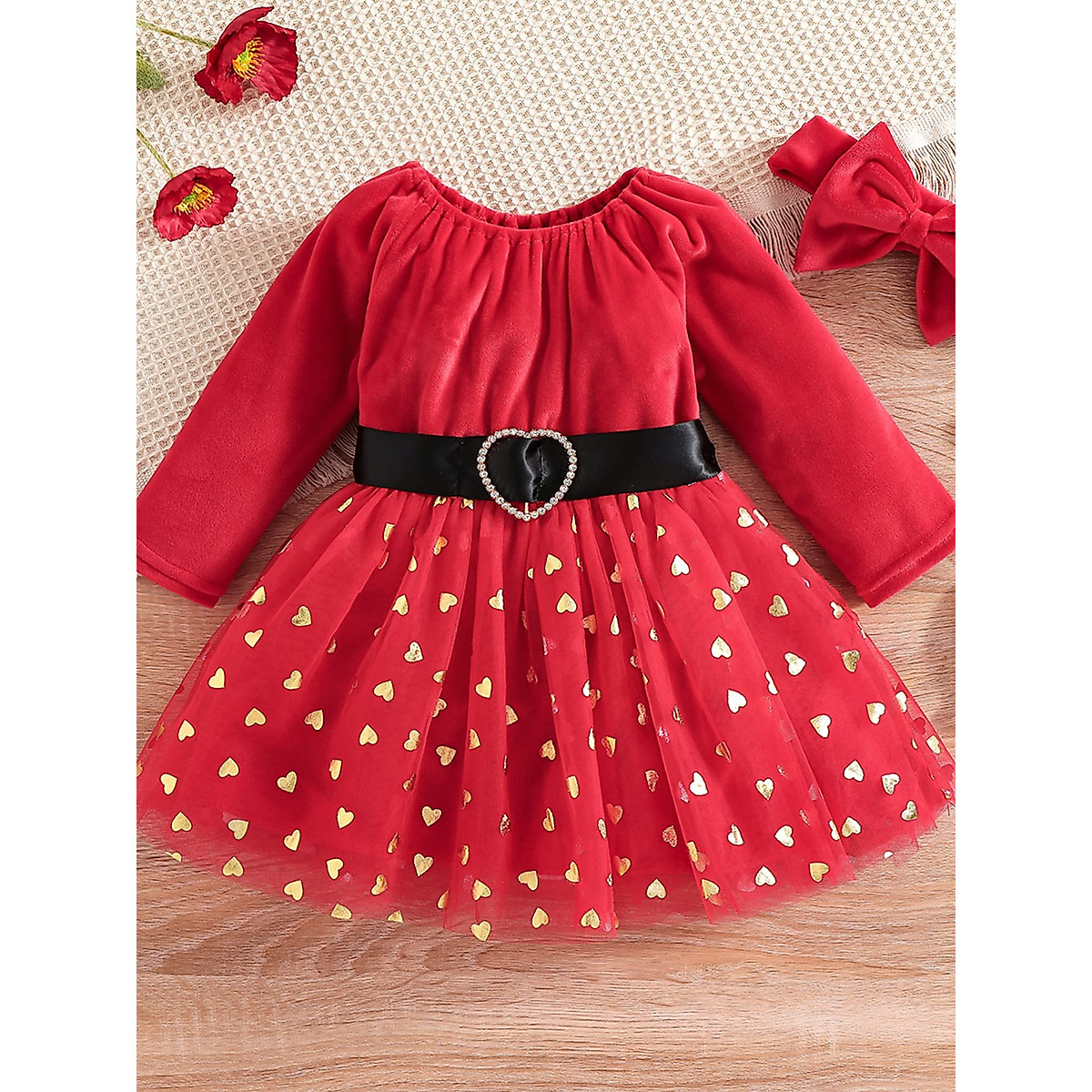 Spring hue Infant Toddler Girls Valentines Day Dress Outfit Love Heart Printed Velvet Long Sleeve Belted Tulle Dress A red 18-24 Months