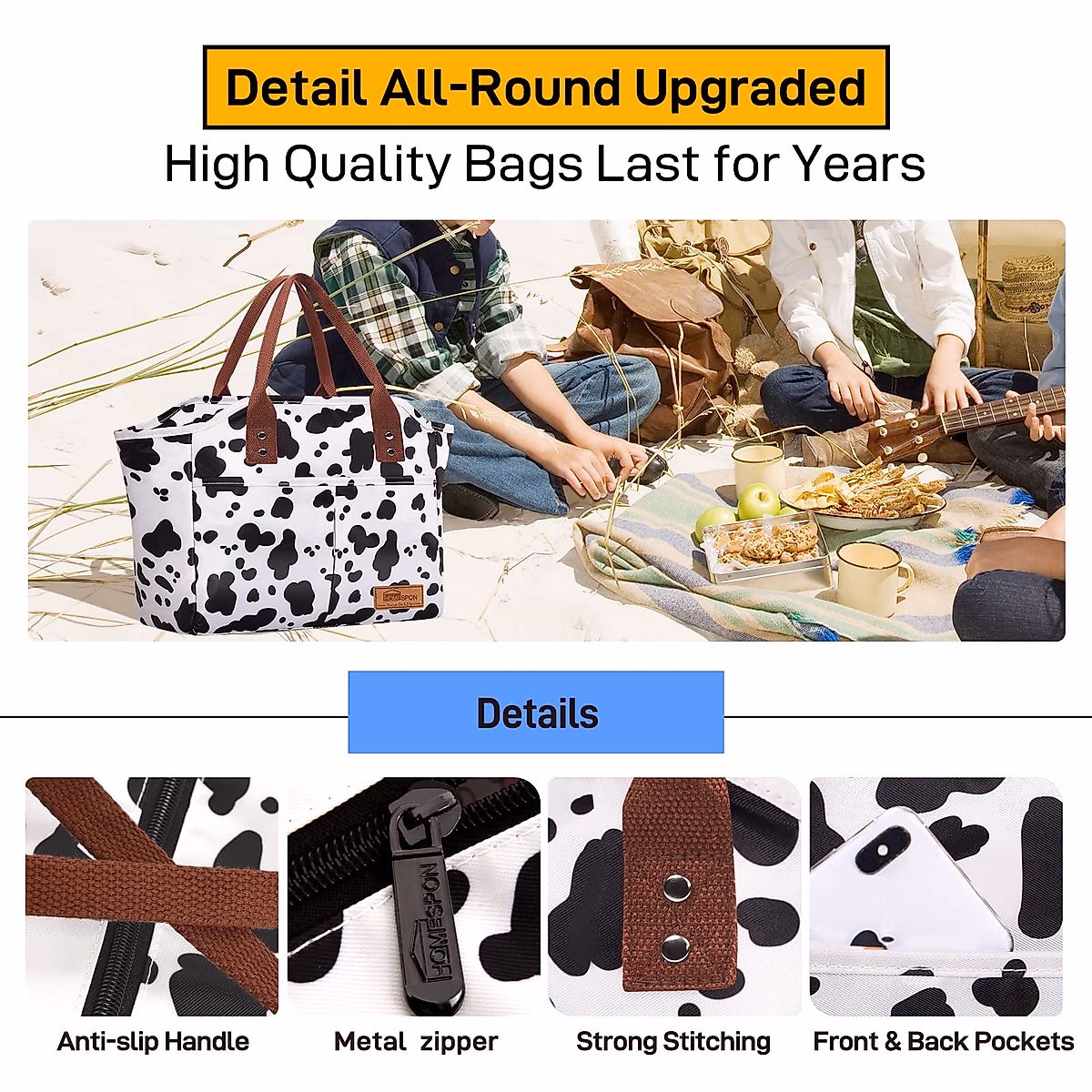 HOMESPON Fashionable Tote Reusable Insulated Lunch Bag Cooler Box with Pockets for Woman Man Work Shopping or Travel(Cow)