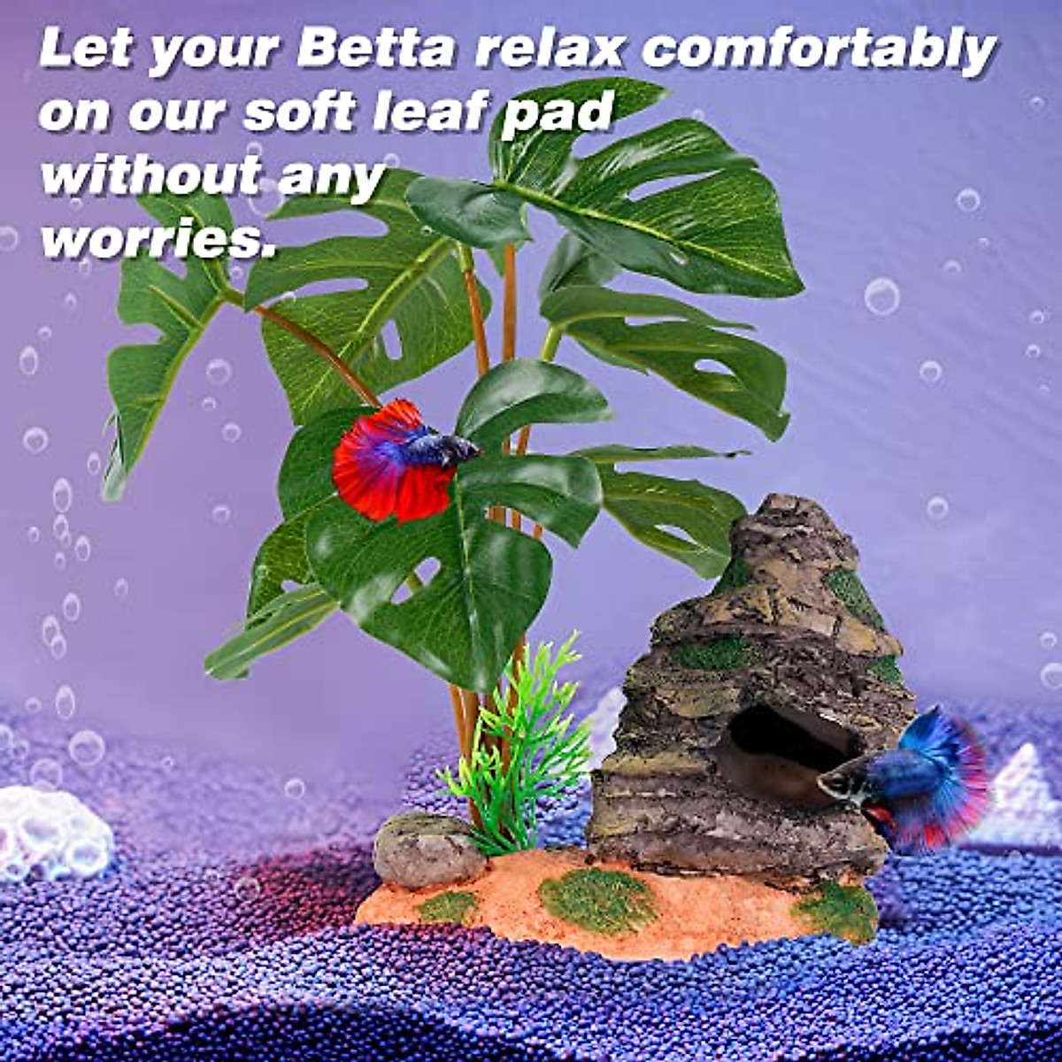 Ameliade Aquarium Cave Decorations and Leaf Pad Hammocks for Betta Fish Ideal Fish Tank Plants Hideout Decor for Cichlid Perfect Betta Toys and Small Fish Bowl Accessories Monstera