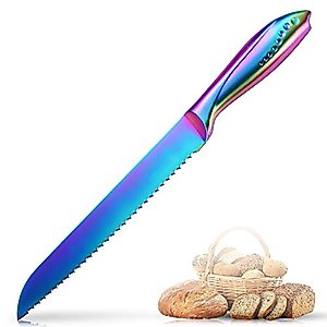 WELLSTAR Bread Knife 8 Inch, Serrated Bread Cutter, Ultra Sharp German Stainless Steel Blade and Comfortable Handle with Rainbow Titanium Coated for Slicing Breads Loaves Bagel Cake and Large Fruit