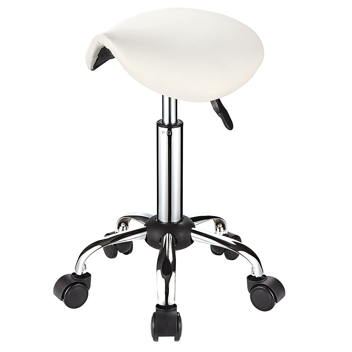 FNZIR Saddle Rolling Stool with Wheels PU Leather Height Adjustable Swivel Stools Chair White