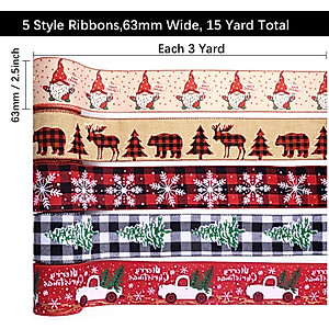 5 Style Christmas Wrapping Ribbons Grosgrain Satin Ribbons Snowflake Christmas Truck Tree elk Santa Claus 63mm Wide for Holiday Festival Gift DIY Craft Decor, 15 Yard Total