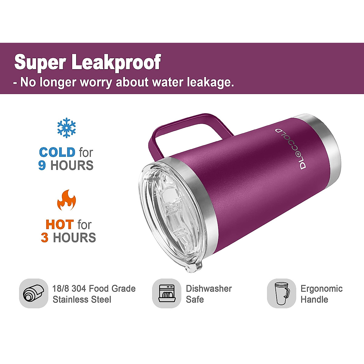 DLOCCOLD Insulated Coffee Mug with Handle Stainless Steel Travel Coffee Cup with Lid Spill Proof Reusable Thermos Coffee Cups for Men Women Car Cup holder Friendly (Purple, 20 oz)