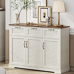 Kitchen Sideboard Buffet Cabinet with Storage, 15.7"D x 47.2"W x 35.1"H, Buffet Server Bar with 3 Shutter Doors and 3 Drawers for Wine, Coffee, Bar for Living Room, Dining Room, White Oak
