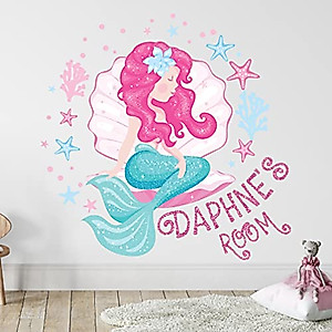 Kyle Cornhole Little Mermaid Wall Decal Decor for Girls Bedroom - Large Tail Stickers Room Custom Name Pink Art Nursery KA1697, Green,Pink