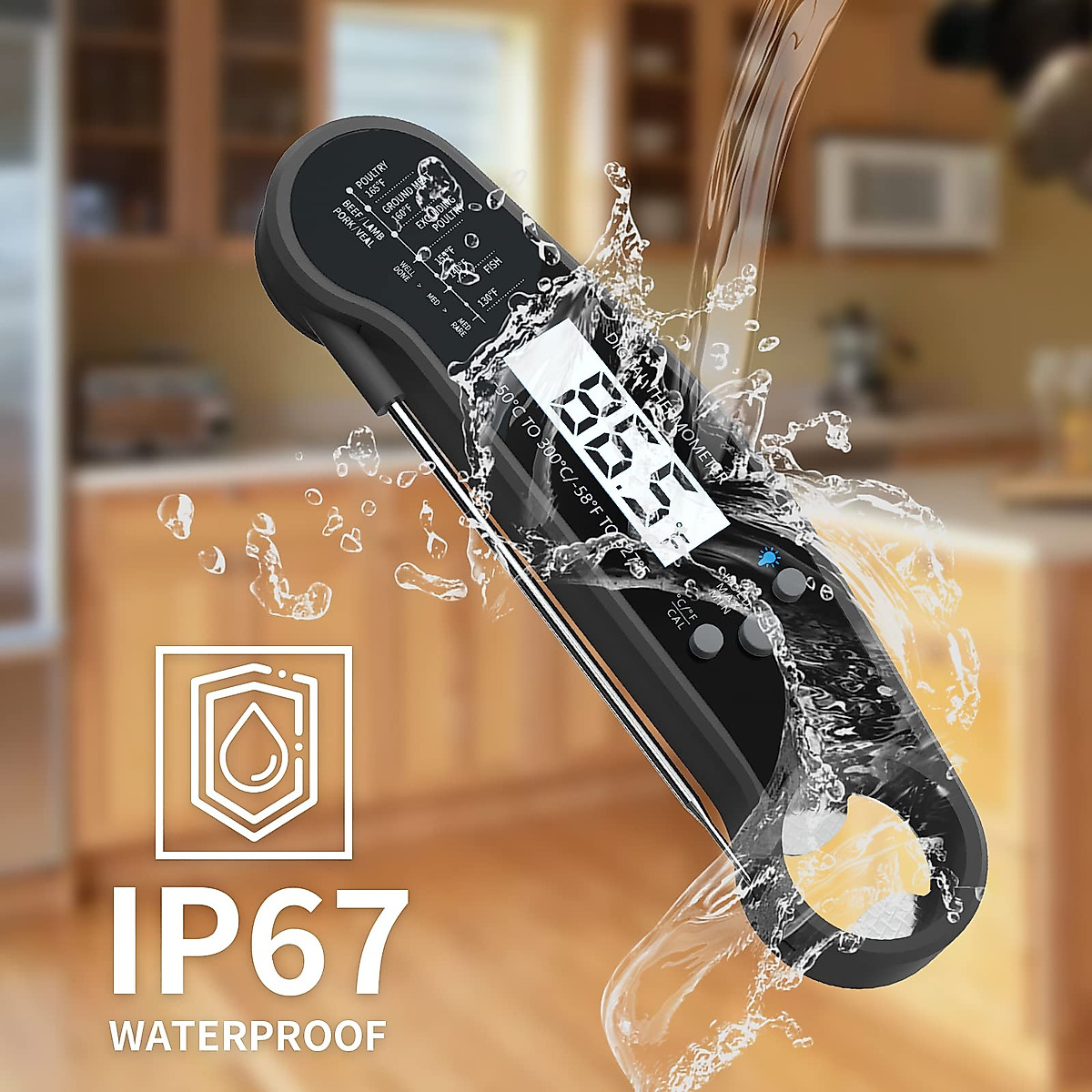 LPONJAR Digital Meat Thermometer, Instant Read Food Thermometer for Grilling, BBQ, Cooking, Baking, Liquids - Foldable Probe, Bottle Opener, IP67 Waterproof, Backlight, Magnet, and Calibration