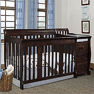 Pemberly Row 4-in-1 Convertible Crib and Changing Table Combo in Espresso, Three Level Adjustable Mattress Height, Easily Converts to Toddler Bed or Day Bed