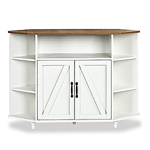 4 EVER WINNER Corner TV Stand for 50 Inch TV, 45” Farmhouse Corner TV Cabinet with LED Light, Adjustable Shelves and Barn Doors, Corner Entertainment Center for Living Room Bedroom, White
