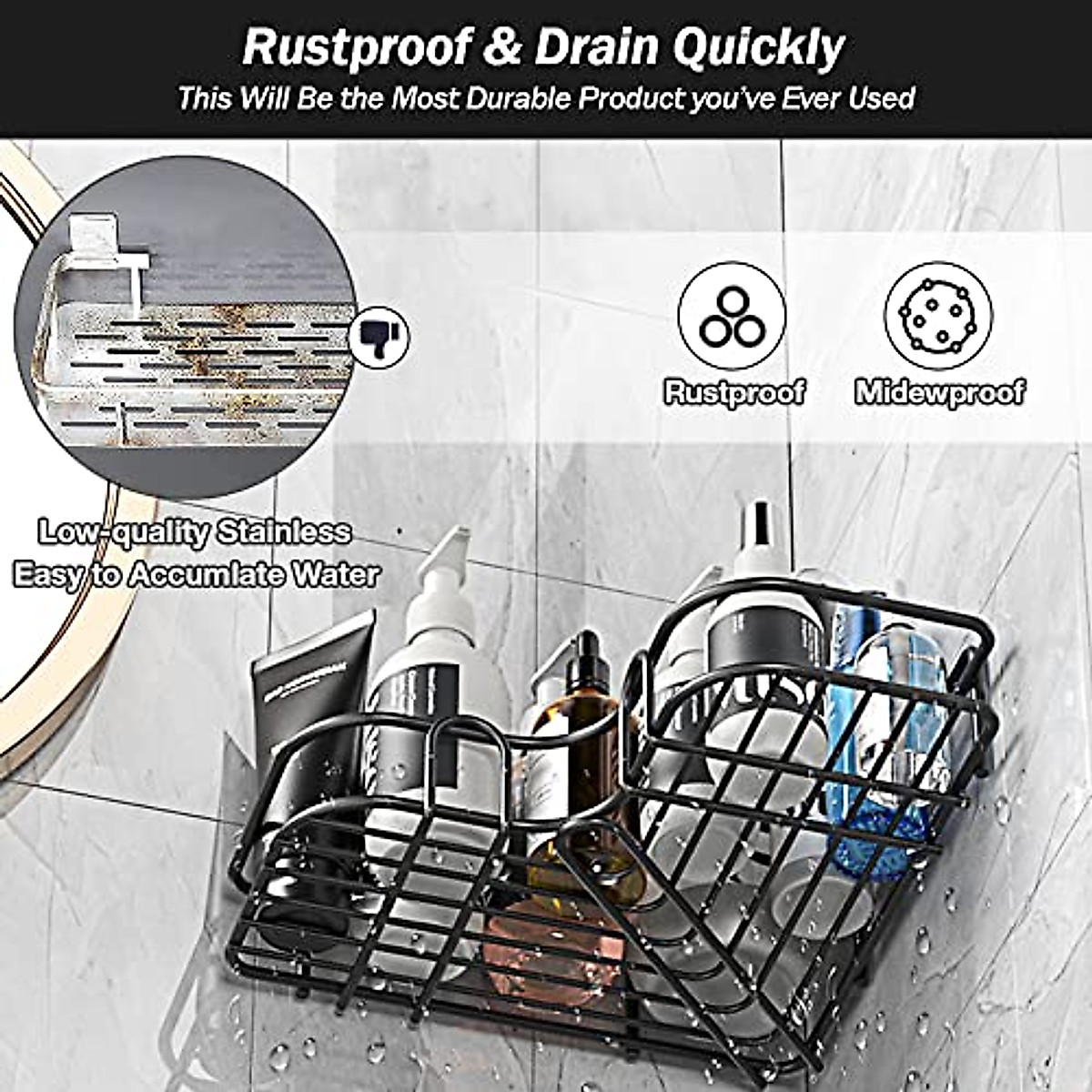 Corner Shower Caddy Shelf with Adhesive Hooks and Soap Dish,No Drilling RustProof Stainless Steel Shower Basket Shelves for Bathroom Storage Organizer