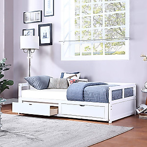 Wooden Daybed Extendable Bed, Twin to King Daybed Frame with Trundle Bed and 2 Storage Drawers, Sofa Bed for Bedroom Living Room (White)