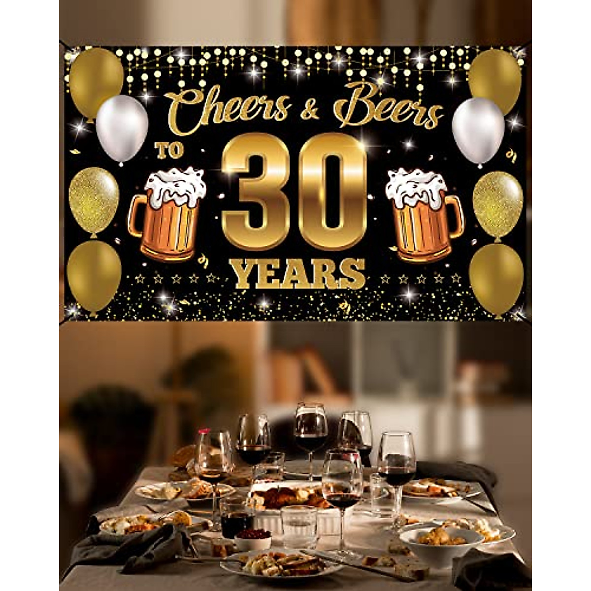 HTDZZI Cheers & Beers to 30 Years Backdrop Banner, Happy 30th Birthday Decorations for Men Women, 30th Anniversary Decor, Black Gold 30 Year Old Birthday Party Sign Poster Supplies, 6.1ft x 3.6ft