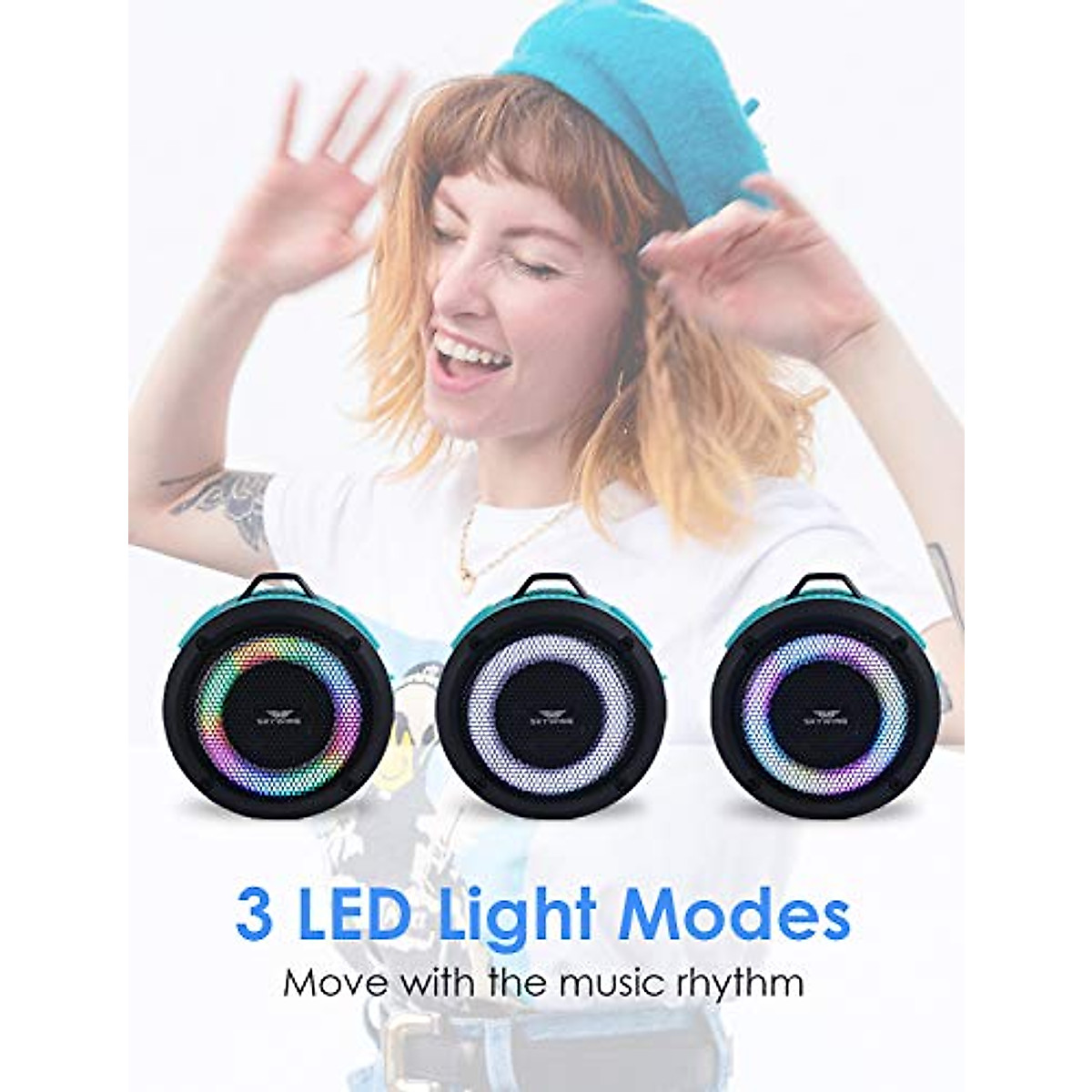 SKYWING Soundace S6 IPX7 Waterproof Shower Speaker 5W Bass+ Bluetooth Speaker with Suction Cup Hook Lanyard RGB Light, Premium Mini Portable Outdoor Wireless Speaker for Bike Pool Beach