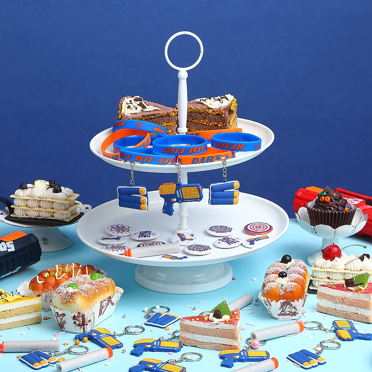 dart battle Birthday Party Favor Supplies dart battle Silicone Wristbands dart battle Keychain Temporary Tattoos for Kids Badges Gun Party Birthday Party Favors for Birthday Baby Shower Boys (126 Pcs)