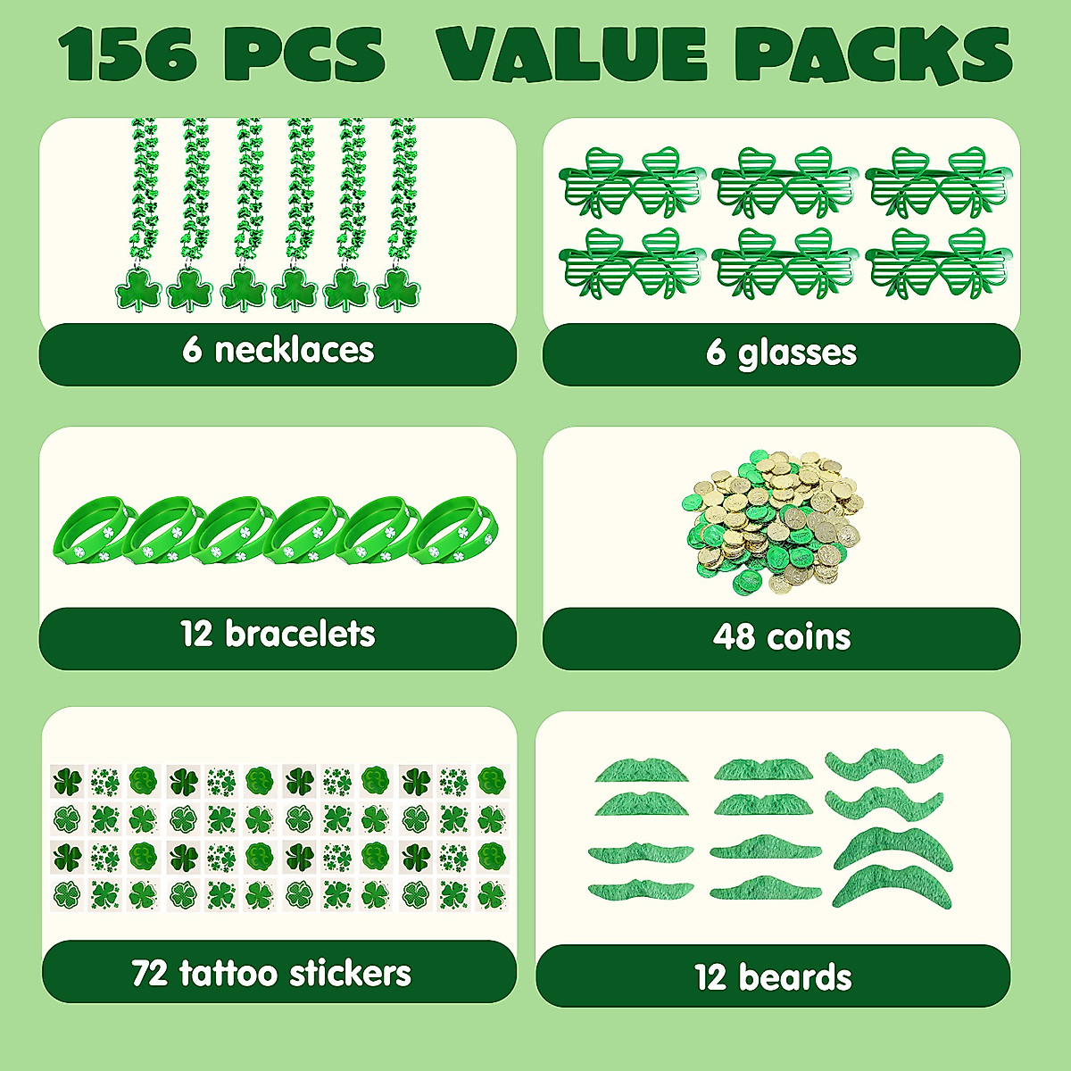 JOYIN 156 Pcs St. Patrick's Day Party Favor Set, 6 Necklaces 6 Eyeglasses 12 Bracelets 72 Temporary Tattoos 12 PCS Mustache 48 Plastic Coins St Patricks Day Accessories