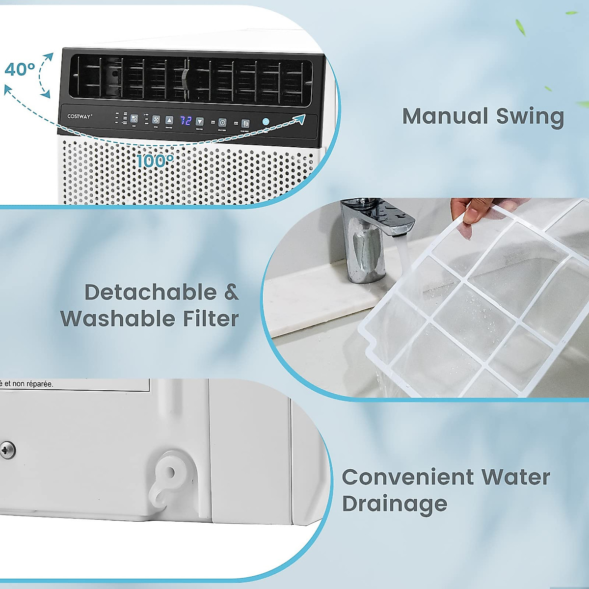 COSTWAY 10000 BTU Window Air Conditioner, Over the Sill AC with Energy Saver Modes, Handy Remote, Touchable LED Control Panel, up to 250 Sq.Ft. Window AC Unit, Ultra Quiet Operation