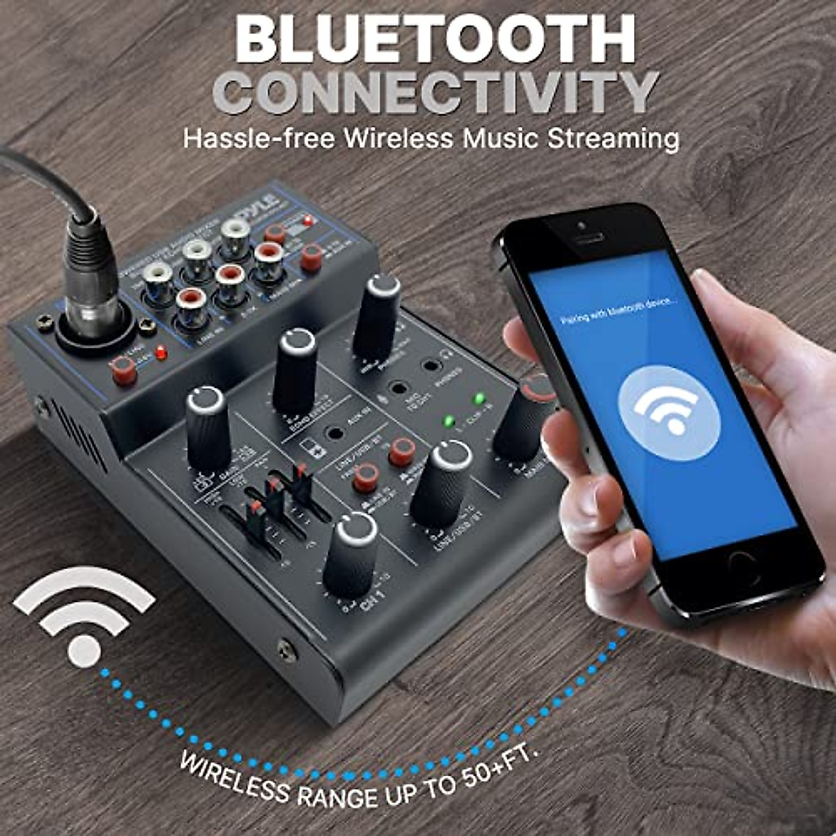 Pyle Professional Wireless DJ Audio Mixer - 3-Channel Bluetooth DJ Controller Sound Mixer w/USB Audio Interface, Combo Jack XLR+6.35mm Mic/Line/Guitar In, 3.5mm, RCA, AUX, Headphone Jack PAD33MXUBT