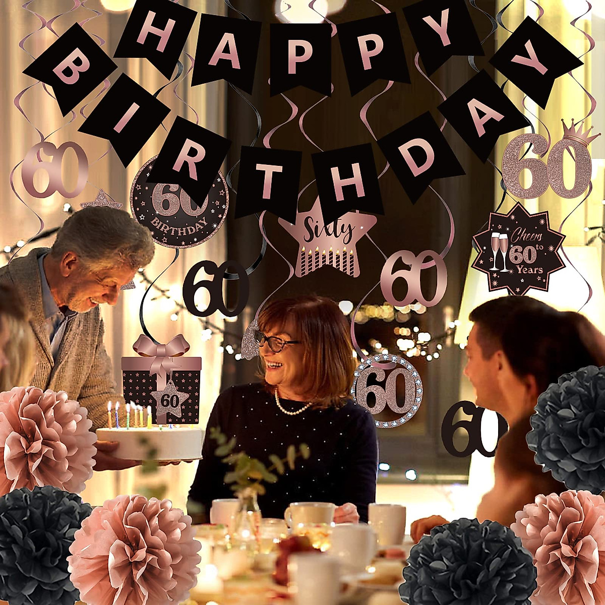 BRT Bearingshui Happy 60th Birthday Hanging Swirls Streamers Decoration Set, Happy Birthday Banner with Tissue Pompoms, Rose Gold and Black 60 Years Old Birthday Party Hanging Backdrop Decorations