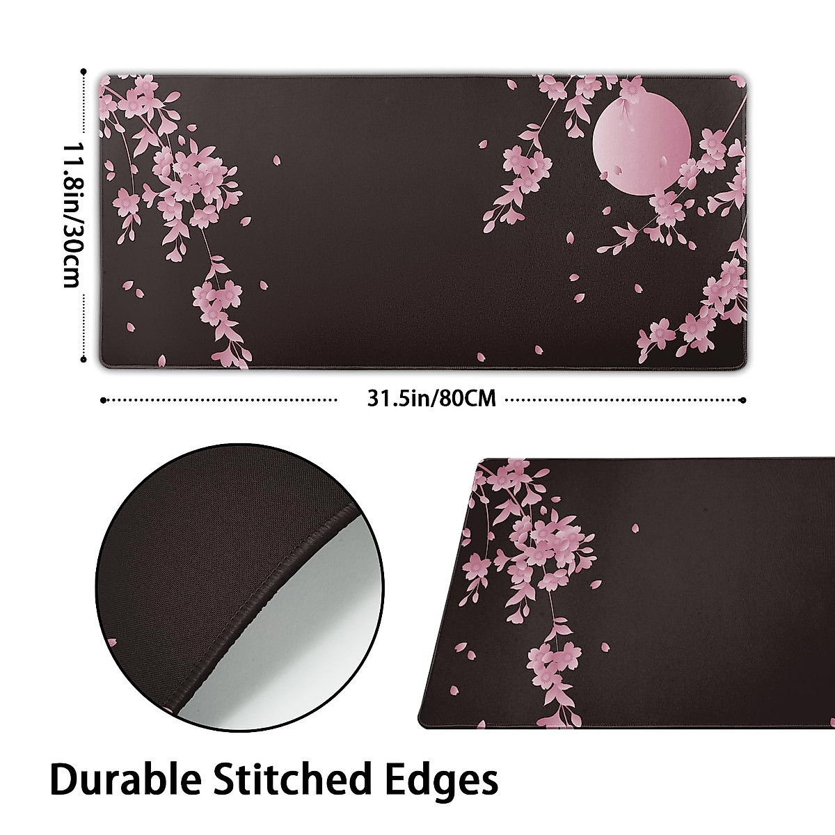 Sakura Cherry Blossom Extended Gaming Mouse Pad Non-Slip Rubber Base Pink Large Mousepad 31.5x11.8in with Stitched Edge Waterproof Flower Keyboard Pads Black Desk Laptop Mats for Work/Game/Office