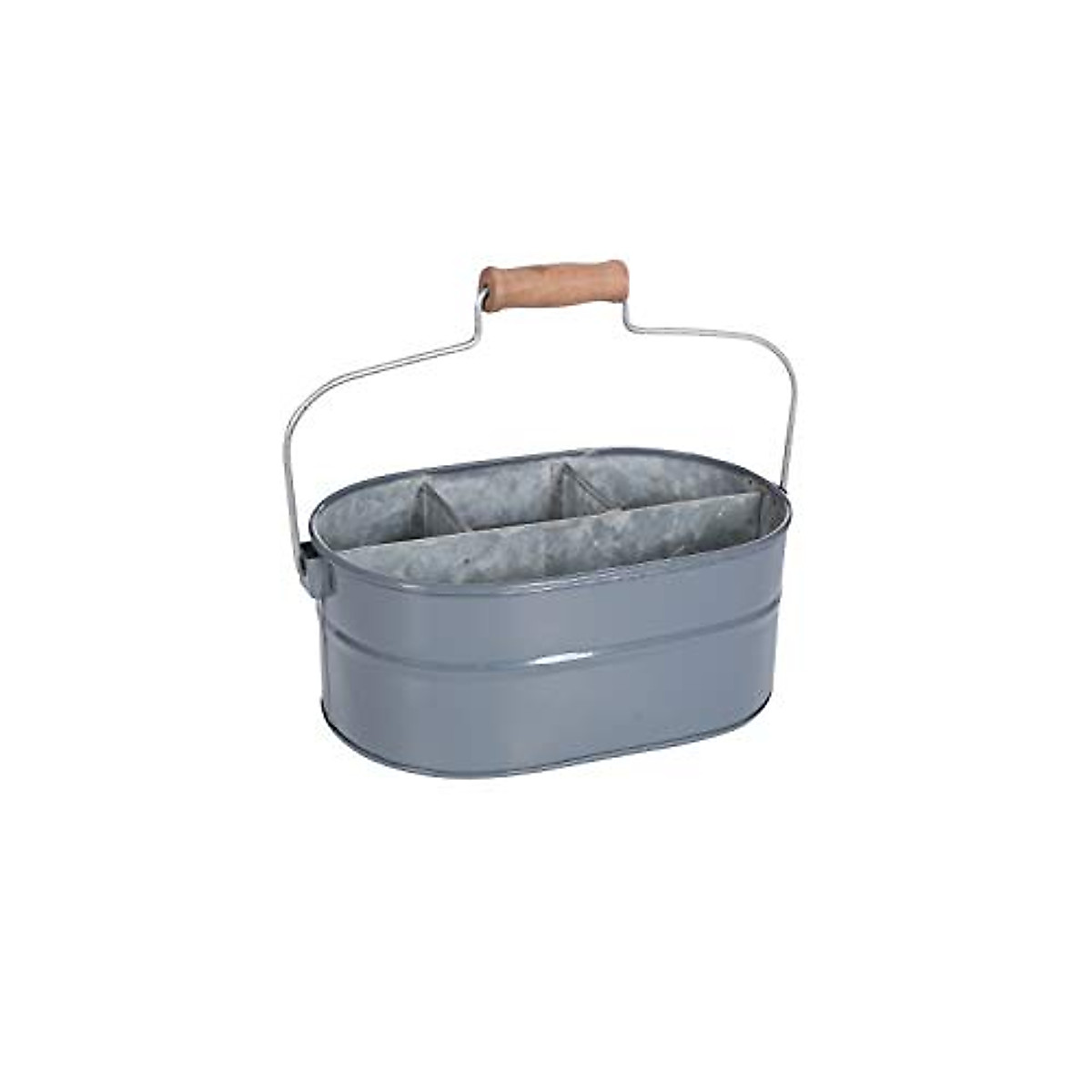 Farmhouse Utensil Caddy with 4 Compartments and Wooden Handle for Flatware, Condiments, Party Cutlery - Galvanized Metal Caddy for Indoor/Outdoor Use - Charcoal