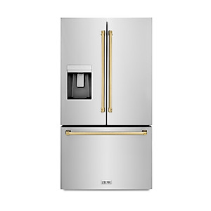 ZLINE 36 in. 28.9 cu. ft. Standard-Depth French Door External Water Dispenser Refrigerator with Dual Ice Maker in Fingerprint Resistant Stainless Steel and Polished Gold Traditional Handles