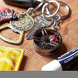 Zodaca 6 Pack Auto Car Parts Keychain Set with Turbo, Manual Gearbox, Tire Rim, Spring Shock Absorber, Brake Rotor (Metal)
