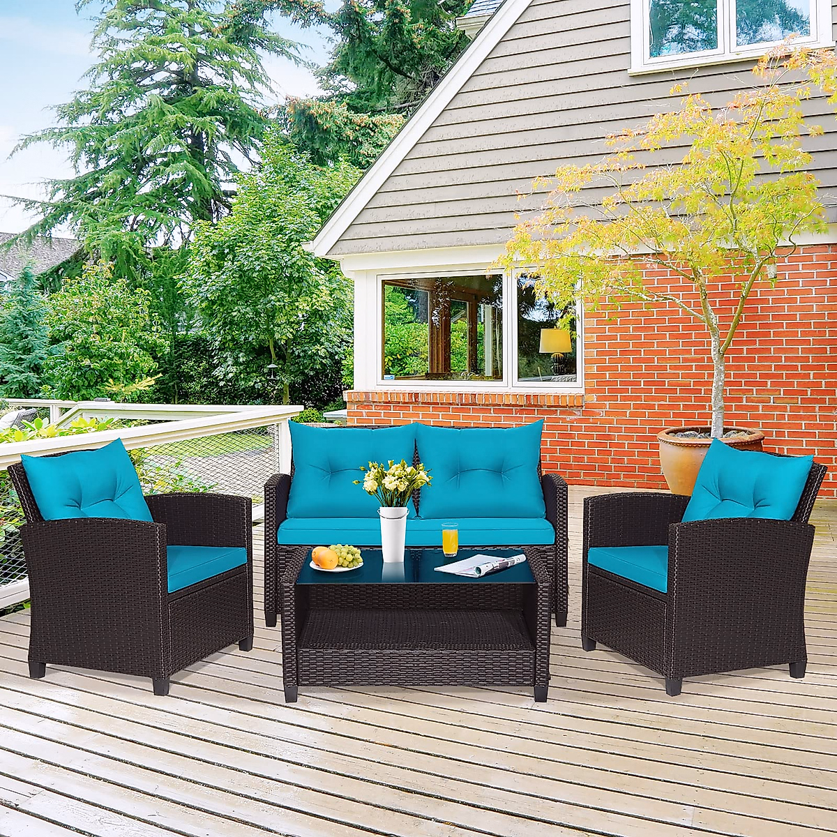 HAPPYGRILL 4 Pieces Patio Furniture Set Outdoor PE Rattan Conversation Set with 2-Tier Coffee Table, Extra Storage Shelf and Cushions, Patio PE Wicker Sofa Set for Garden Backyard Poolside