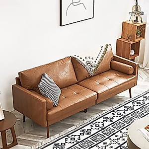 Vonanda Faux Leather Sofa Couch, Mid-Century 73 Inch 3 Seater Leather Couch with Hand-Stitched Comfort Cushion and Bolster Pillows for Living Room,Elegant Cognac Tan