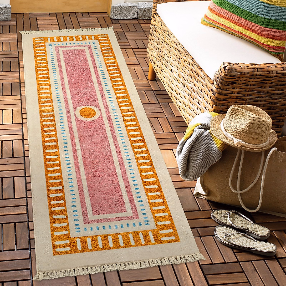 Lukinbox Boho Bathroom Runner Rugs with Fringes, 2x6 Sun Washable Hallway Runner Rug, Extra Long Soft Non-Slip Orange Rainbow Area Rug for Kitchen Laundry Room Entryway