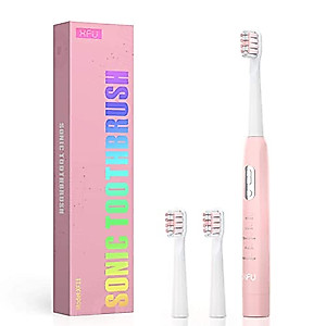 XFU Sonic Toothbrushes for Adults and Kids, 3 Brush Heads, with 5 Modes and IPX7 Waterproof, Battery Electric Toothbrush Build in 2 Mins Timer 40,000 VPM XF-11 Pink