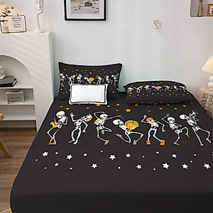 Skeleton Sheets Full Size, Halloween Bed Sheets, Patterned Bedding Sheets & Pillowcases 4 Piece Set - Soft Microfiber Deep Pocket Fitted Sheet & Flat Sheet & 2 Pillow Cases Z8-&-112