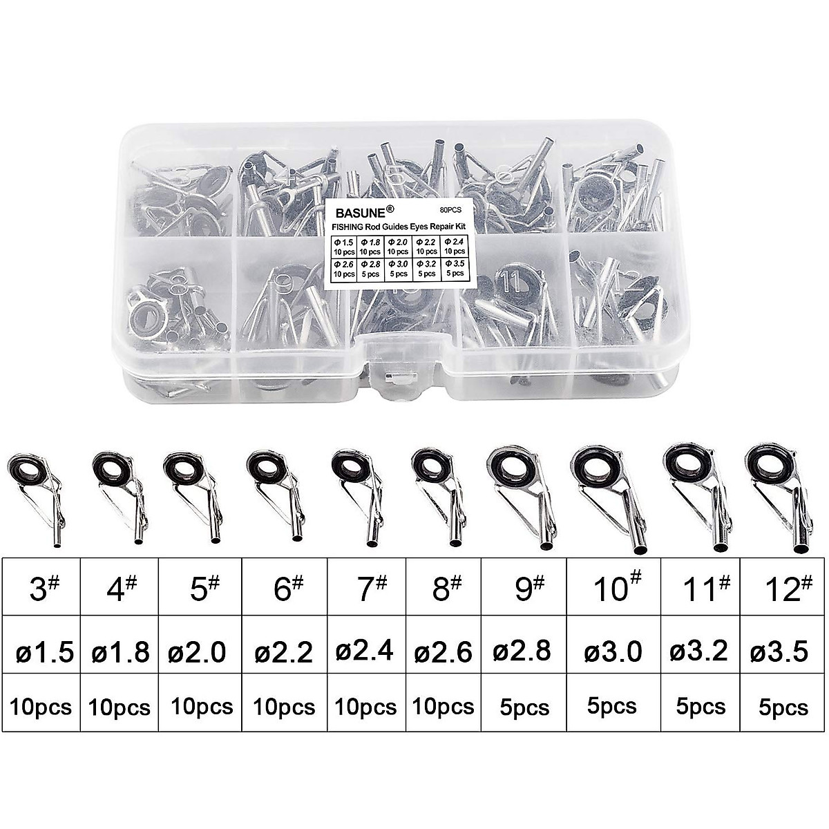 BASUNE Spinning Rod Guides Tip Ceramic Guide with Eyelets, Fishing Rod Guide Replacement Tip Spare Parts Repair and Tips Repair Eye Loop Kit with Box for Spinning Rods Sea Fishing (10 Size - 80Pcs)