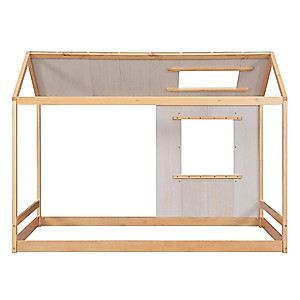 Twin House Bed for Kids, Wooden Twin Floor Bed Frame with Roof and Window, for Girls Boys (Twin Size, Natural+Antique White)