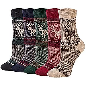 Loritta 5 Pairs Womens Wool Socks Thick Knit Vintage Winter Warm Cozy Crew Socks Gifts,ZU-christmas Elk