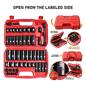 LLNDEI 3/8" Drive Impact Socket Set SAE and Metric (5/16"- 3/4", 8-22mm) 48pcs, CR-V Steel, 6 Point Sockets, Extension Bar (3-in, 6-in), 1/2"F to 3/8"M Reducer, 3/8" Universal Joint