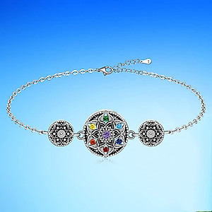 Fenthring Chakra Bracelets for Women Yoga Lotus Mandala 7 Chakra Bracelet Sterling Silver Protection Anxiety Balance Lotus Flower Meditation Gifts