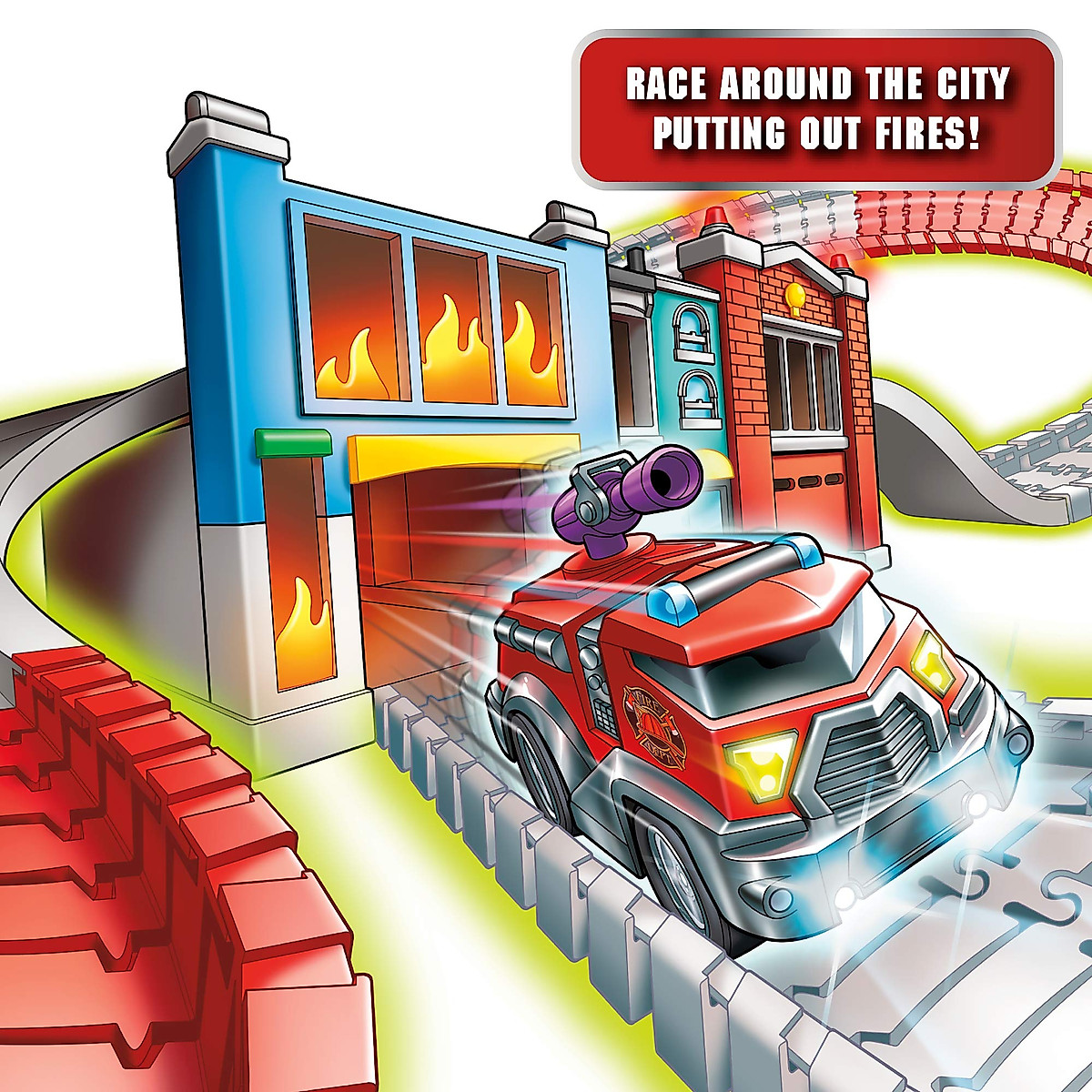 Ontel Magic Tracks Fire Rescue Glow in The Dark Racetrack Set with 10 Feet of Speedway