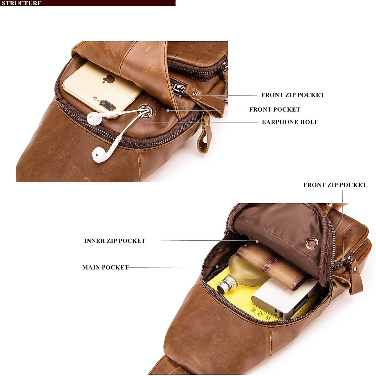 BULLCAPTAIN Shoulder Backpack Casual Cross Body Bag Genuine Leather Ipad Mini Pack Travel Sling Bag XB-105 (Brown, Big)