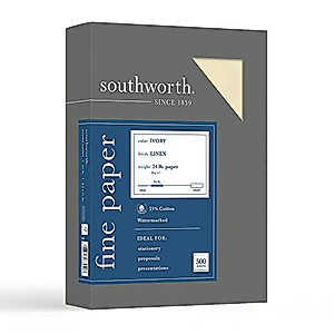 Southworth FSC Certified 55% Recycled 25% Cotton Linen Business Paper, 8 1/2in. x 11in., 24 Lb, Ivory, Box Of 500, 564C